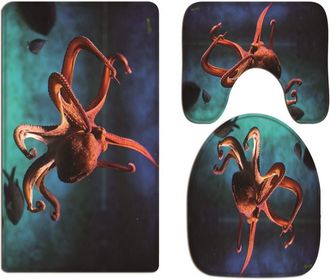 A.Monamour Badezimmer Badematte 3 Teilig Set Unterwasser Oktopus Meereslebewesen Flanell WC Toilette Deckel Deckt Bad Matte Teppich Badteppiche Badvorleger Badga