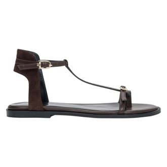 Estro & Luminara Femme, Chaussures, Brun, Taille: 38 EU Sandales Plates en Cuir et Velours avec D&eacute;tails Dor&eacute;s