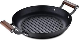 Masterpro Odin - Parrilla redonda de 28 cm, antiadherente, asas ergonómicas de madera de acacia, ideal para cocinar en barbacoa, compatible con inducción y horn