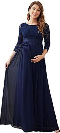 Ever-pretty Robe de Grossesse Shooting Photo Longue Dentelle Femme Plissé Manches 3/4 Col Rond A Line Chic Bleu Marine 42