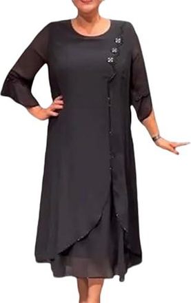 Generic Robe ample en mousseline de soie de couleur unie pour femmes &acirc;g&eacute;es 2024, col rond, jupe &agrave; volants, Noir, 3XL