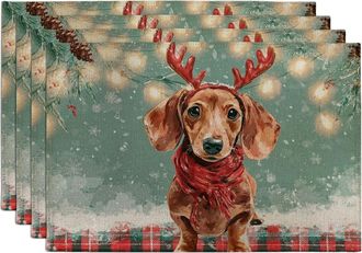 Generic Weihnachtliche Dackel-Platzsets, Gr&uuml;ner Urlaubshund, dekorative Platzsets f&uuml;r Esstisch, rutschfest, waschbar, f&uuml;r drinnen und drau&szlig;en, Party-Platzdeck