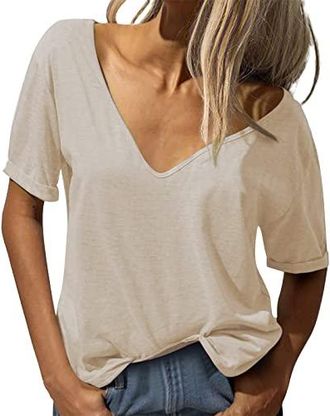 Generic T-Shirts Et Tops De Sport Femme Grandes Tailles, Haut Ete DéColleté en V Profond-Tunique Chic Et Elegant LâChe LéGer Et Respirant Chemises Loisirs pou