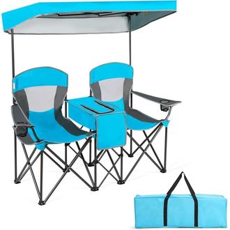 Costway Chaise de Camping Pliante 2 Places avec Parasol Amovible et r&eacute;glable, Charge 120KG Chaque Si&egrave;ge