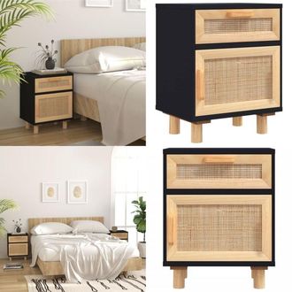 vidaXL Table de chevet Noir Bois de pin massif et rotin naturel - Meuble De Chambre - Table De Chevet - Meuble Scandinave - Commode - Armoire Dappoint