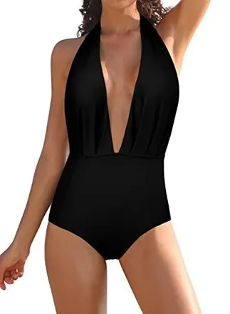 SHEKINI Maillot de Bain Une Pièce pour Femme Col en V Profond Réglables Monokini Dos Nu Eté Beachwear(XX-Large, Noir-S)