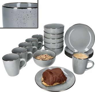 MamboCat Lucca 18tlg Frühstücksset I Je 6X kleine Frühstücksteller, Müslischale & Kaffeebecher für 6 Personen in Grau mit Rand glänzender Metall-Optik für Früh