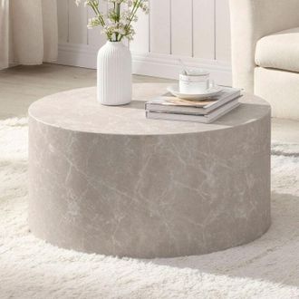 M&S Collection Table basse ronde 60x30 cm avec papier d&eacute;cor effet marbre beige