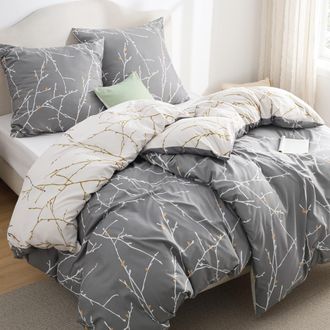 Bedsure Bettwäsche 135x200 4teilig Bettbezug - Bettwäsche-Sets 135 x 200 cm 2er Set mit 2 Kissenbezüge 80x80cm, ÖKO-TEX Wendebettwäsche Bedding Zweige Grau Mu