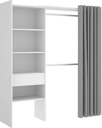 PEGANE Pegane - Armoire dressing extensible avec rideau - 1 tiroir blanc - Longueur 110-160 cm x Hauteur 205 cm x Profondeur 50 cm - Panneaux de particules
