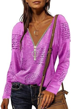 Onsoyours T-Shirt Manche Longue Femmes Sexy Tee Shirt Coton Couleur Unie Col en V D&eacute;contract&eacute;e Zip Tops Blouse Chemisier Hauts Femme Chic Tee Shirt Basique Tuni