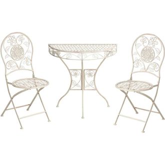 Beliani Balkonset Hellbeige Eisen 3-teilig Romantisches Franz&ouml;sisches Design Halbrunder Tisch mit 2 St&uuml;hlen Zusammenklappbar Garten Outdoor Terrasse