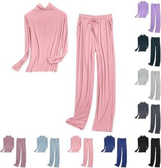 Generic Ensemble de pyjama 2 pièces pour femme - Vêtement de détente super doux - Col roulé - Haut à manches longues et taille élastique - Pantalon large - Vê