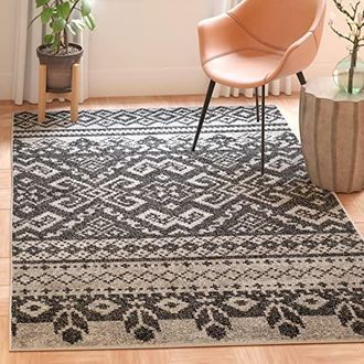 Safavieh Boho Teppich für Wohnzimmer, Esszimmer, Schlafzimmer - Adirondack Collection, Kurzer Flor, Silber und Schwarz, 91 X 152 cm
