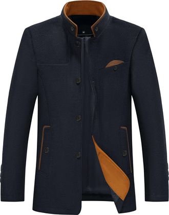 AlltheMen Herren Mantel Slim Fit Stehkragen Wollmantel Winter Winterjacke Mittellang f&uuml;r Business Freizeit Navyblau XXL
