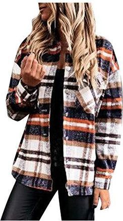 Generic Vestes pour femmes 2026 Veste d&eacute;contract&eacute;e &agrave; manches longues en laine &agrave; carreaux avec poche, bleu, XL