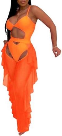 Generic Maillots De Bain Femme Une Pieces Taille Haute Fashionista épissage Maille Pantalon Couleur Unie Dame Sexy Ensemble pièce (Orange, XXL)