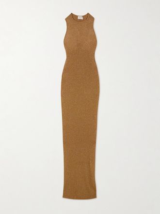 Saint Laurent Maxikleid Aus Metallic-rippstrick - Gold