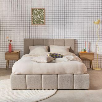 Sweeek Lit coffre double avec sommier &agrave; lattes et t&ecirc;te de lit beige finition bouclette textur&eacute;e 140x190cm- Lex