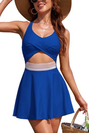 SHEKINI Damen Einteiliger Badeanzug Badeanzugkleid Elegant Ruched Badekleid Einteilige Schwimmanzug(Blau,XXL)