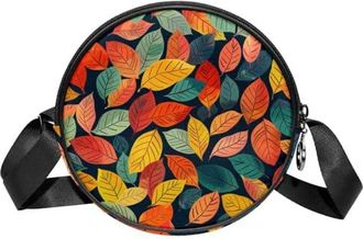 Generic Sac &agrave; bandouli&egrave;re rond pour femme, imprim&eacute; feuilles color&eacute;es, petit sac &agrave; bandouli&egrave;re avec fermeture &eacute;clair, bretelles r&eacute;glables, sac &agrave; main rond d&eacute;co