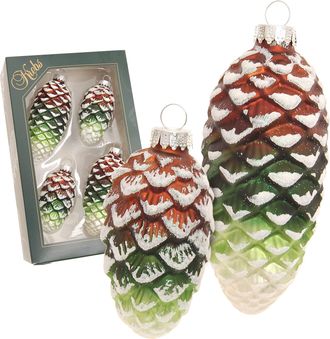 Krebs Glas Lauscha Weihnachtsdekoration/Christbaumschmuck aus Glas - Tannenzapfen Mustang/Olivgrün Satin mit Weiß-Glitter, 4er Set (2 mal 8cm - 2 mal 10cm)