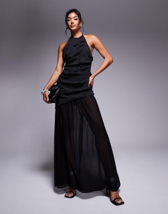 Asos Asymmetrisches Maxikleid in Schwarz mit Neckholder, R&uuml;schen und Rock aus aus Chiffon