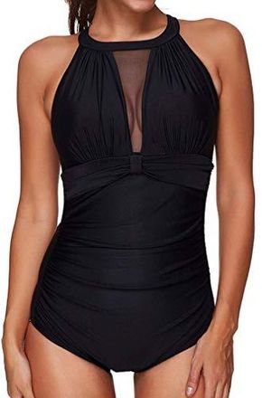 Ocean Plus Femme Les Couleurs Unies Col Haut Figure Mise en Forme de Maille Multicolore Maillot de Bain Dos Nu (3XL (EU 44-46), A-Noir)