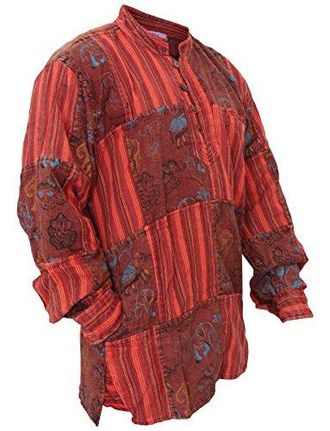 Shopoholic Fashion Chemise Hippie Grand Père à Manches Longues en Coton Délavé Imprimé Patchwork pour Hommes, Marron, 3XL