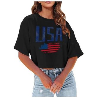 Generic Haut court patriotique d&eacute;contract&eacute; pour femme - Motif graphique 2025 - Style athl&eacute;tique - Ample - Col rond - Coupe ample - Mignon - Manches courtes - 