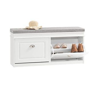 SoBuy Meuble Chaussure Rangement Chaussure Banc Chaussures Entrée - 2 Abattants avec Coussin Amovible, Coffre de Rangement Étagère pour Entrée Étroit Bois L