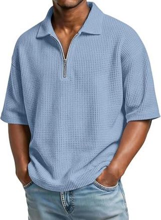 Generic Chemise basique classique solide pour homme, v&ecirc;tement de travail d&eacute;contract&eacute;, polo boutonn&eacute;, l&eacute;ger et respirant, T-shirts dext&eacute;rieur, bleu clair, 3XL