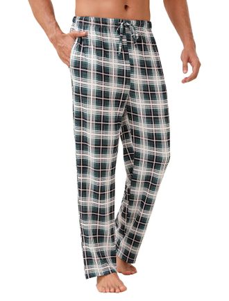 Ekouaer Schlafanzughose Herren Lang Schlafhose f&uuml;r Herren Pyjamahose M&auml;nner Karierte Hose mit Taschen Nachtw&auml;sche Hose Freizeithose Haushose Loungewear,Gr&uuml;N K