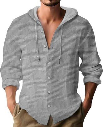 Generic T-shirt &agrave; manches longues pour homme - Chemise de loisirs boutonn&eacute;e - Chemise &agrave; capuche Jacquard - Chemise &agrave; manches longues - Doux et l&eacute;ger - Cordon 