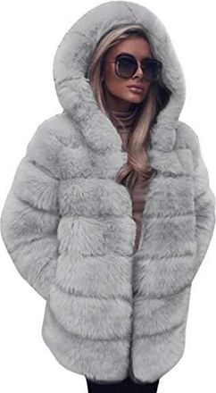 FNKDOR Moelleux en Fausse Fourrure pour Femmes Hiver Chaud &Eacute;pais Veste &agrave; Capuche Solide Peluche Blouson(Gris,L=FR(38))