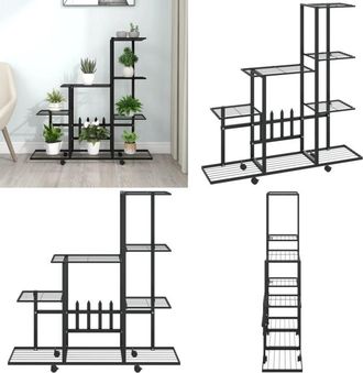 vidaXL Blumenständer auf Rollen 94,5x25x92,5 cm Schwarz Metall - Pflanzenständer - Blumenträger - Metallrost - Balkonmöbel - Gartendekoration - Home & Living