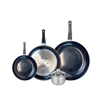 Fackelmann ELO 9746550 Batterie de cuisine 4 pièces, Ensemble de 3 Poêles de cuisson 20, 28 et 32 cm et 1 faitout 12 cm Elo Prima Brillant, inox, induction, Noir