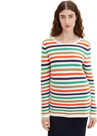 Tom Tailor Damen Basic Strickpullover aus Bio-Baumwolle, 31603 - Navy Green Multicolor Stripe, XL