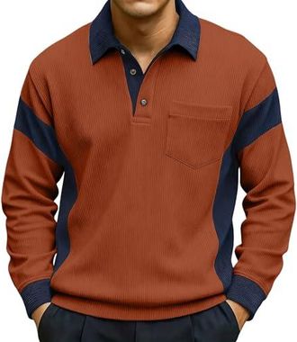 Generic Chemise unie à manches longues pour homme en velours côtelé, chemise décontractée à manches longues, col quart de bouton, pour intérieur et extérieur,