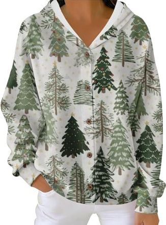 Generic Sweat à capuche de Noël pour femme avec boutons et col en V - Cardigan à manches longues - Imprimé amusant - Pull à capuche décontracté pour les vacan
