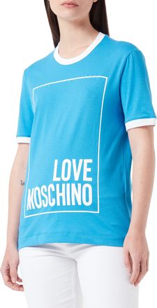 Love Moschino Womens Cotton Jersey with Logo Box Print T-Shirt, Blue White, 40