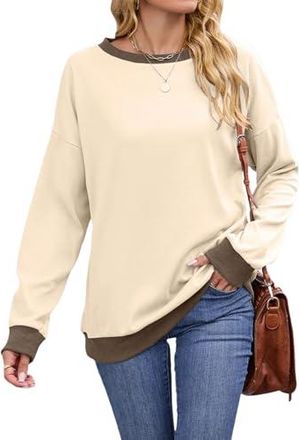 Generic Sweat-shirt d&eacute;contract&eacute; &agrave; blocs de couleurs pour femme, coupe ample, l&eacute;ger, manches longues, bordure c&ocirc;tel&eacute;e, tendance, abricot, XXL