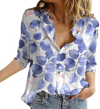 Generic Hauts d&eacute;t&eacute; pour femme - Chemise boutonn&eacute;e en lin - Chemisiers pour femme avec col - Chemisiers et chemises boh&egrave;me baggy - Taille 48 - Hauts d&eacute;contract