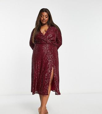 Asos Curve ASOS DESIGN Curve - Robe mi-longue drap&eacute;e et boutonn&eacute;e &agrave; ornements - Baie-Rouge