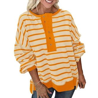 Generic Sweat-shirt ray&eacute; surdimensionn&eacute; - Tricot gaufr&eacute; | Tunique d&eacute;contract&eacute;e &agrave; manches longues boutonn&eacute;e - Pour un usage quotidien, jaune, XL