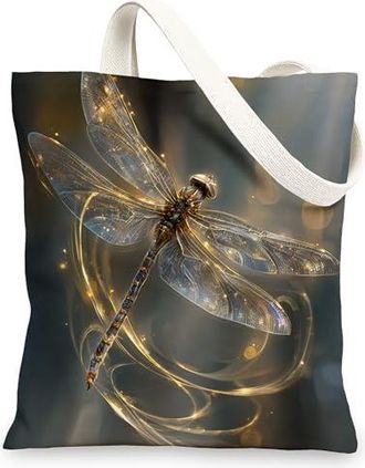 Generic Sac fourre-tout en toile translucide, motif libellule artistique, réutilisable, bretelles légères et tendance 33 x 38 cm