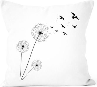 Autiga Kissenbezug Kissen-H&uuml;lle Pusteblume Birds Dandelion V&ouml;gel 40x40 Deko-Kissen Baumwolle wei&szlig; 40cm x 40cm