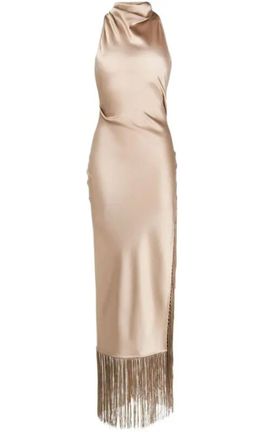 Nanushka Champagne Satin Midi Dress with Fringing Size XS