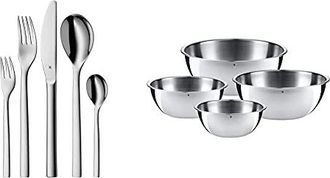 WMF Atria Edelstahl Besteck Set 6 Personen, Essbesteck Set 30 teilig, Monobloc-Messer, spülmaschinenfest & Gourmet Schüsselset 4-teilig, Edelstahl Schüsse