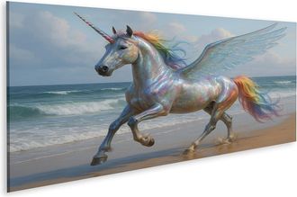 Islandburner Leinwandbild Fliegendes Einhorn am Strand in Regenbogenfarben - Leinwand 120x40cm - Panorama